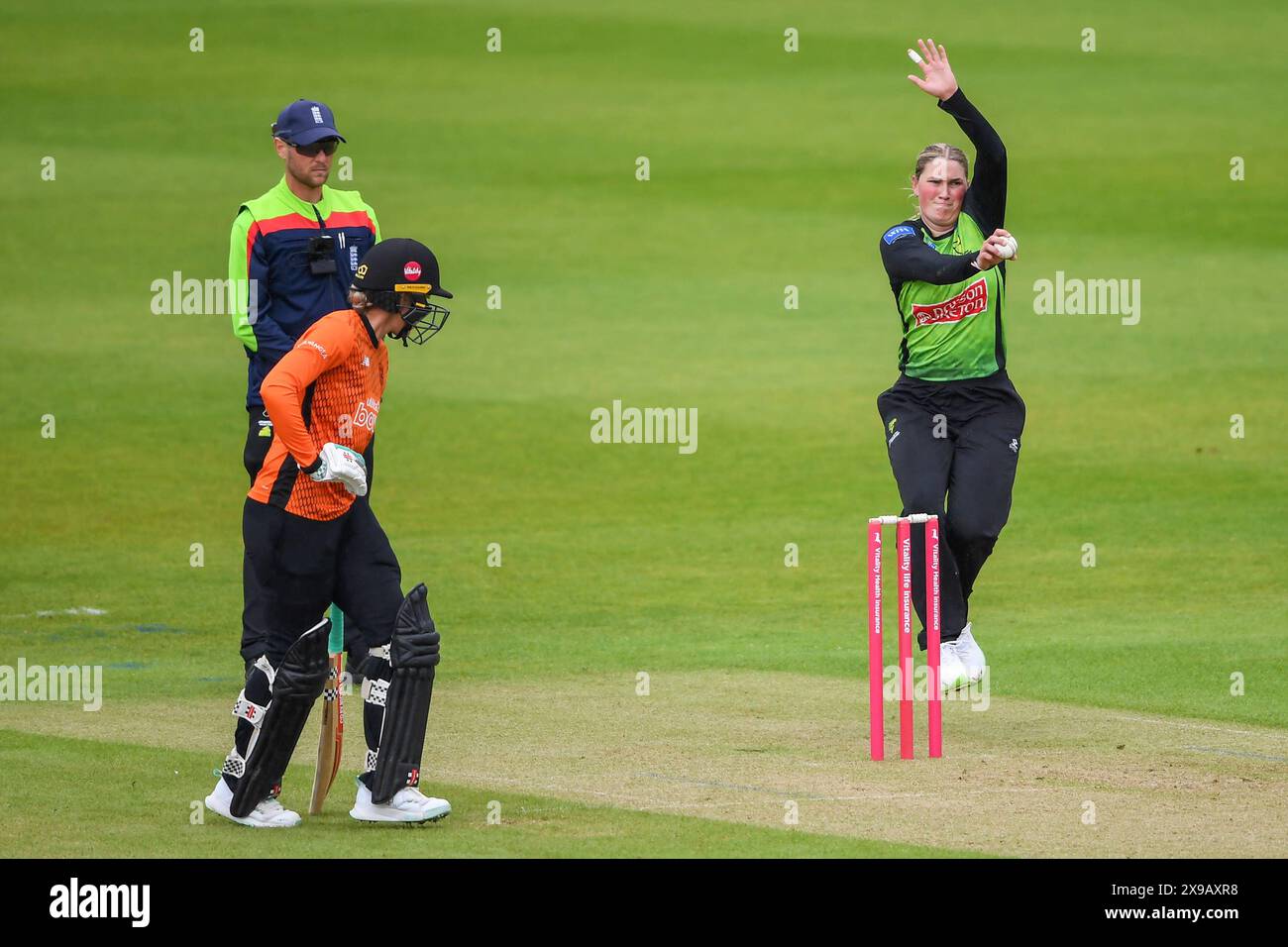 Southampton, UK. 30 May 2024. Alex Griffiths of Western Storm bowling ...
