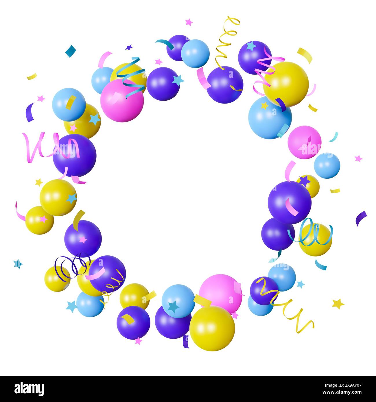 Vibrant round frame made of colorful balloons with festive ribbons and ...