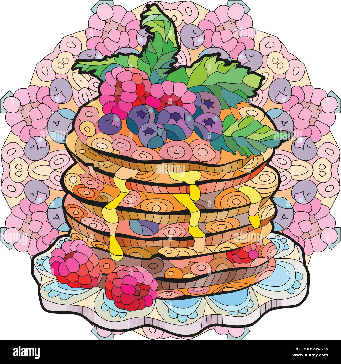 Vector pancakes with raspberries, blueberries and mint leaves on ...