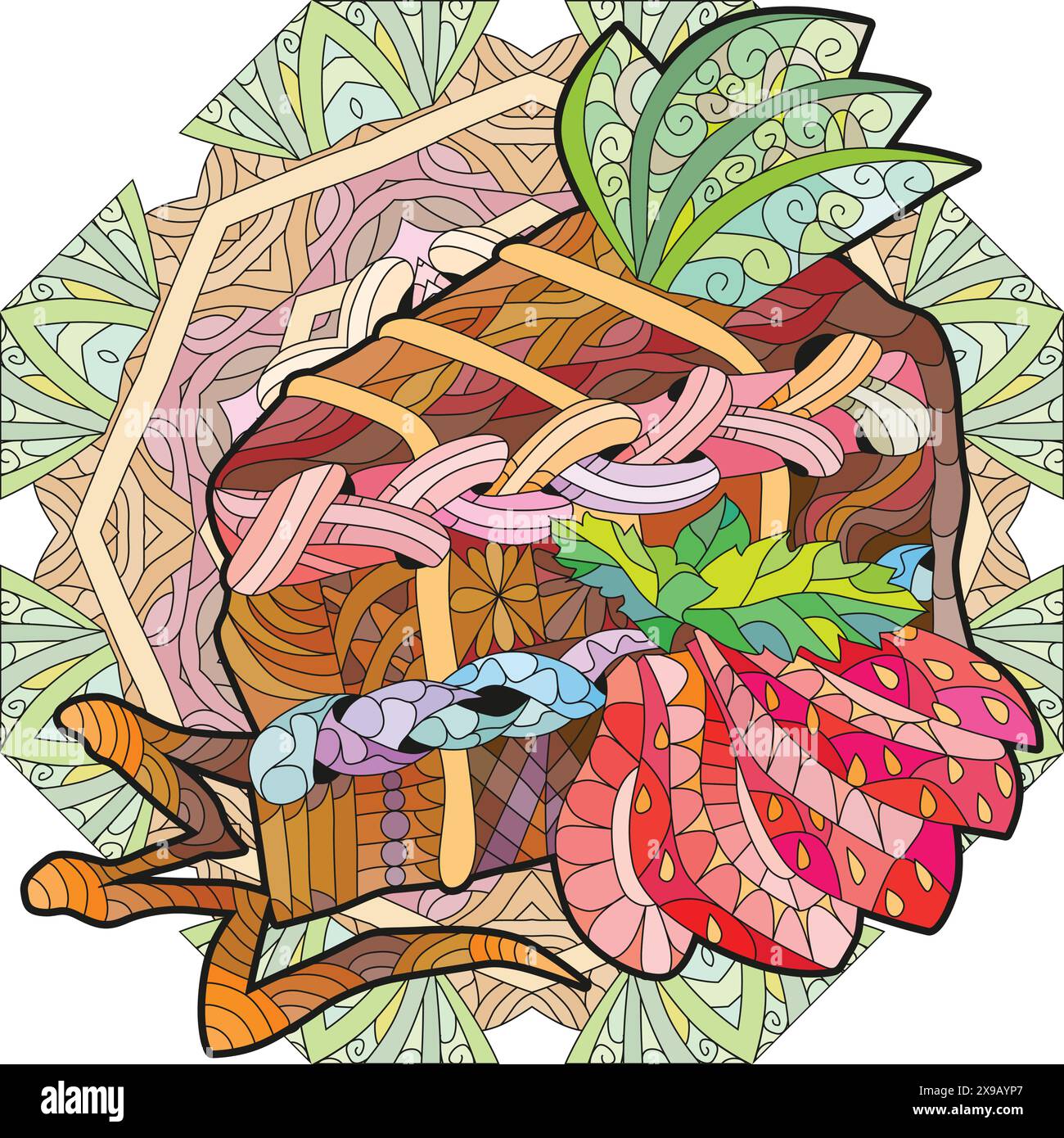 Vector piece of cake with abstract ornaments on a patterned round ...