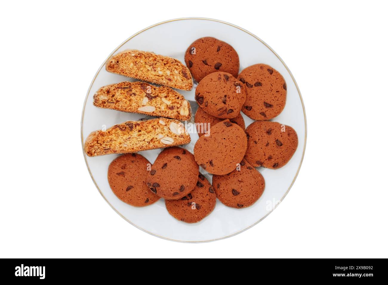 Biscotti and chocolate chip cookies on a plate isolated on a white ...