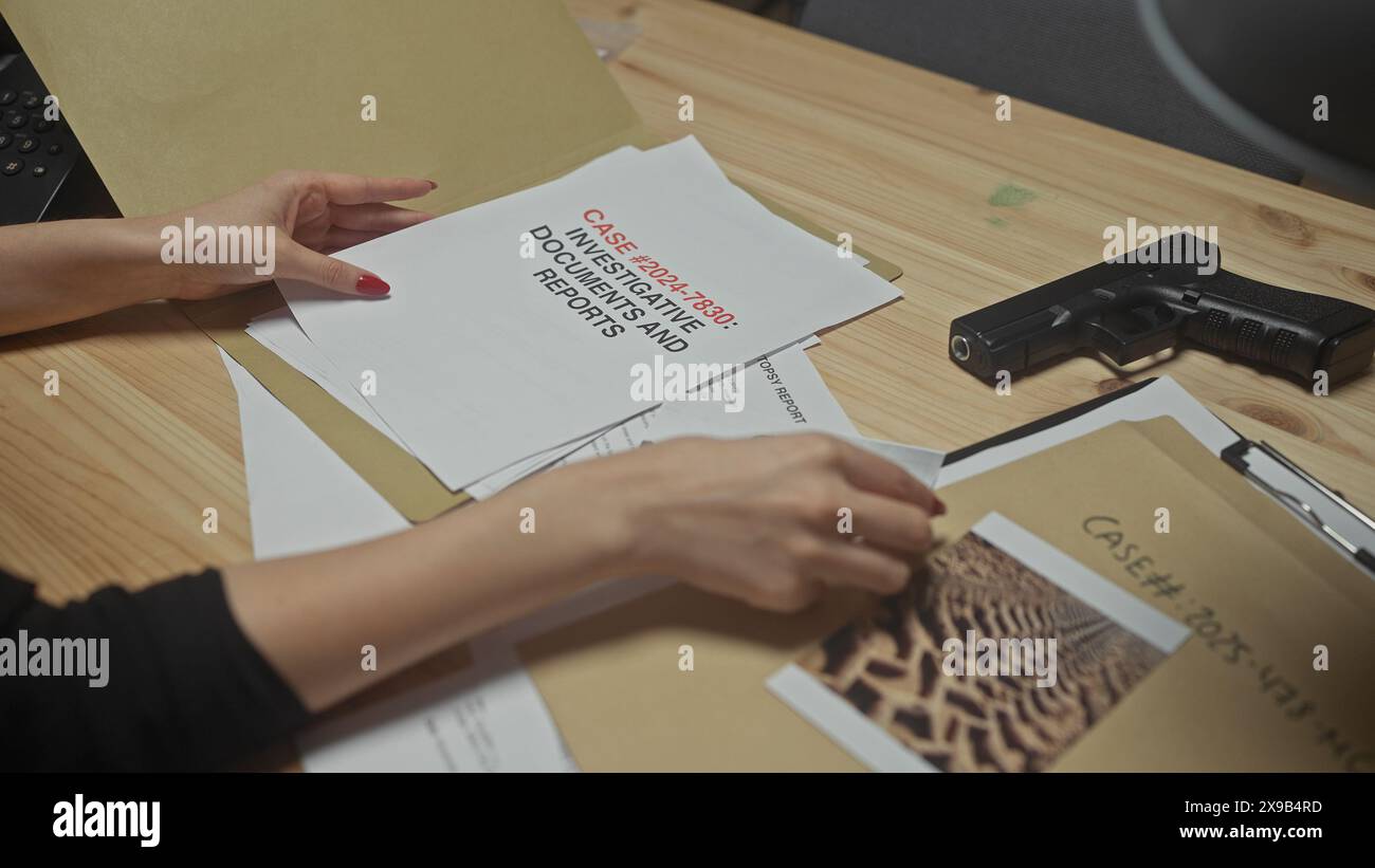 Caucasian woman analyzing evidence in a detective office with a gun ...