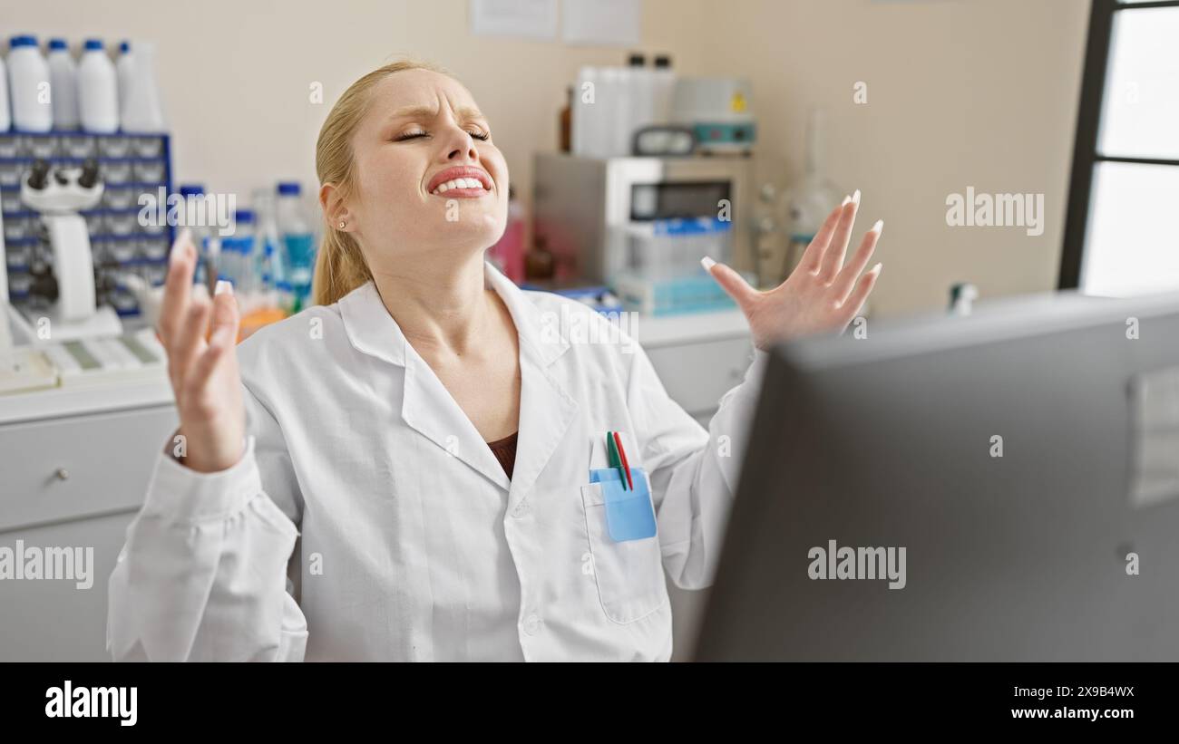 Frustrated young woman scientist in lab coat experiencing failure in ...