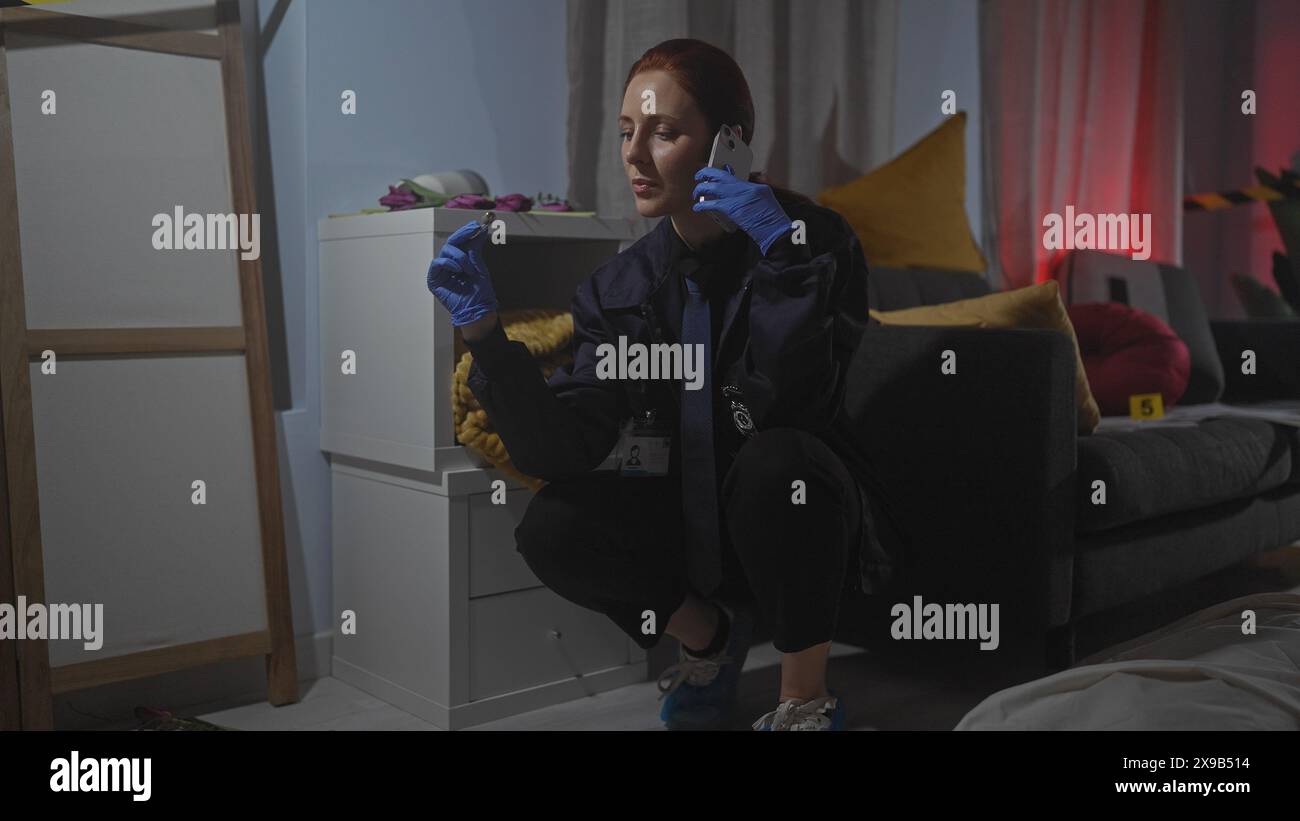 Young woman investigator examines evidence at a meticulously documented ...