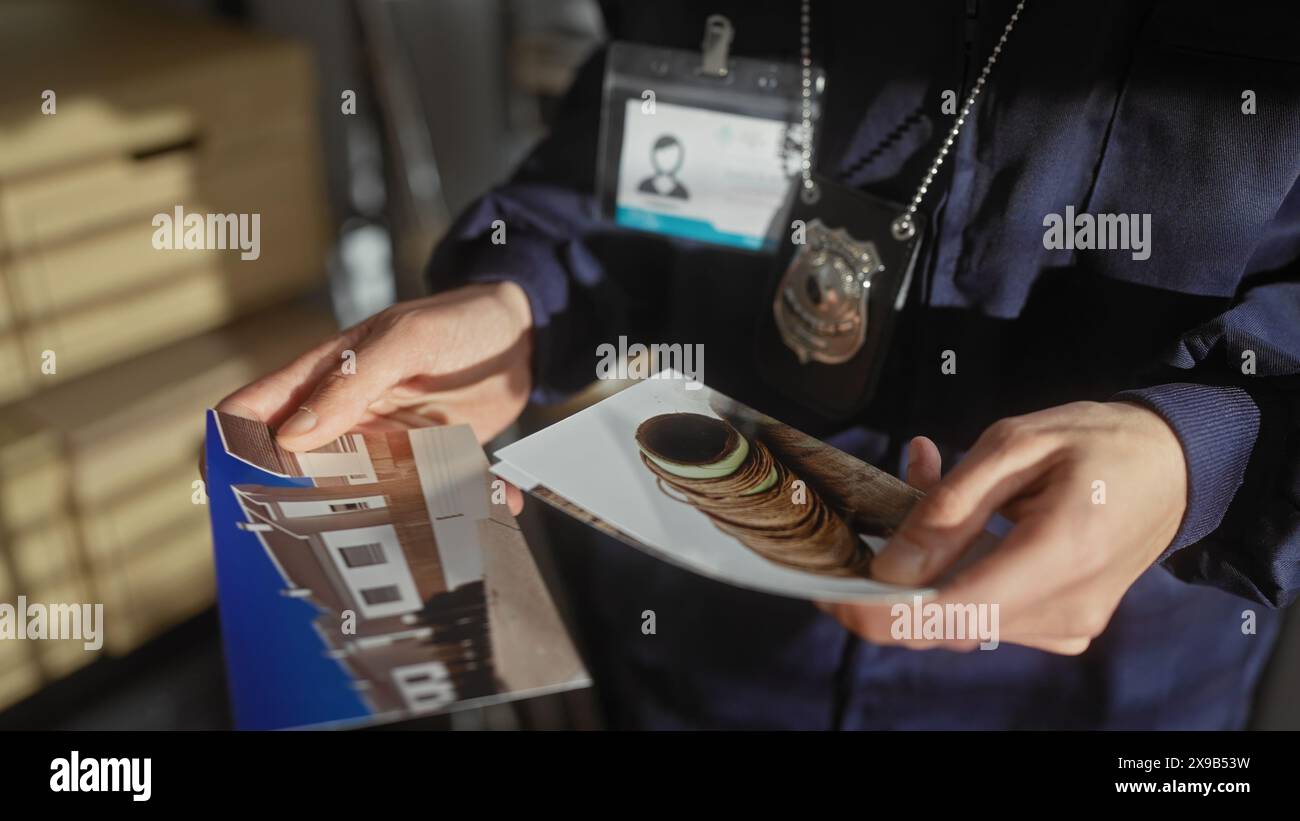 A young man in a detective's office examines photographs, evidencing ...