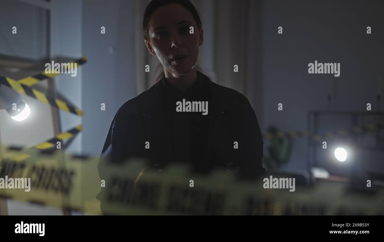 A serious woman in a dark room with crime scene tape suggesting a tense ...