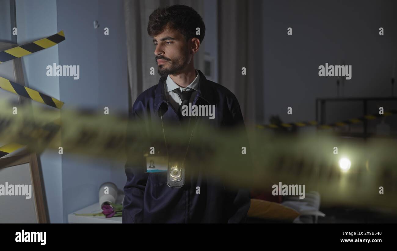 Hispanic detective with badge investigates dimly lit indoor crime scene ...