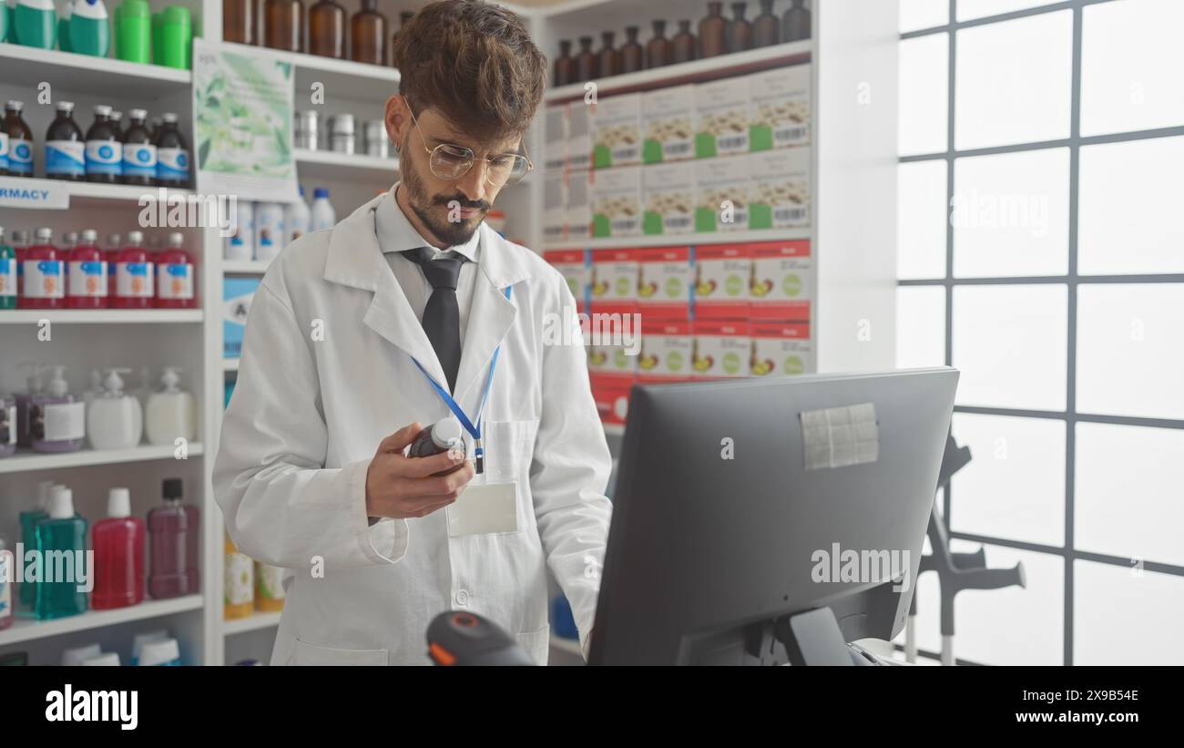 Hispanic pharmacist beard analyzing products hi-res stock photography ...