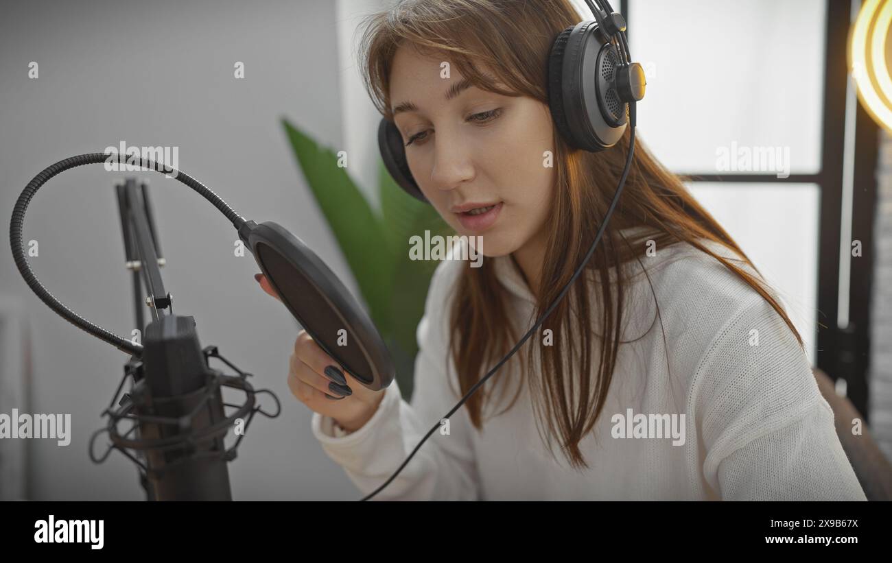 A focused young woman sings into a microphone in a soundproof radio ...