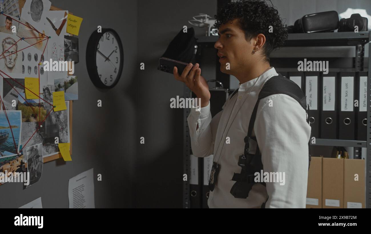 A young hispanic man, dressed as a detective, records a message in a ...