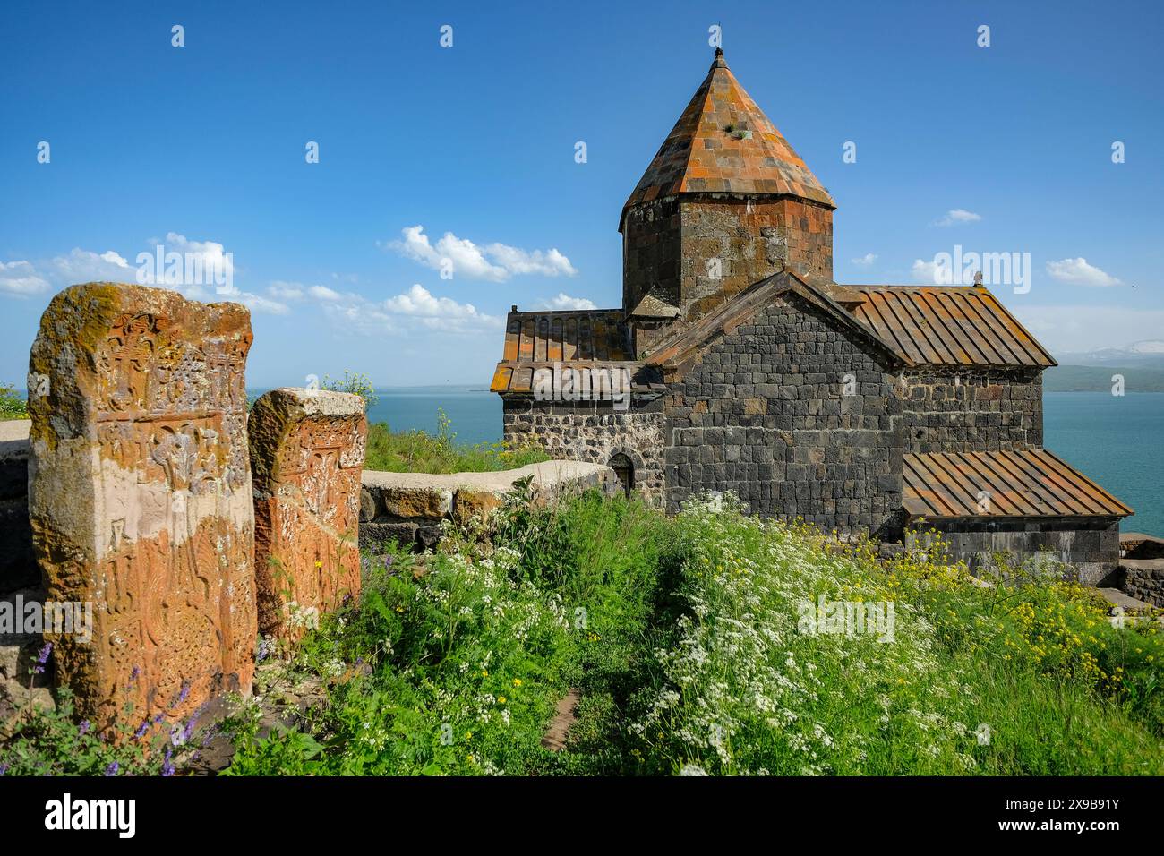 Sevan, Armenia - May 30, 2024: Sevanavank Monastery is a monastic complex located on a peninsula ...