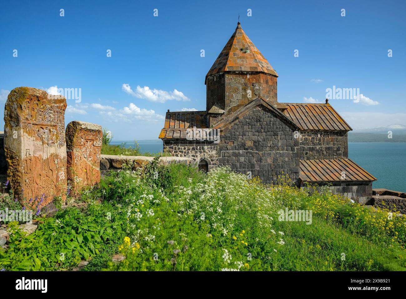 Sevan, Armenia - May 30, 2024: Sevanavank Monastery is a monastic complex located on a peninsula ...