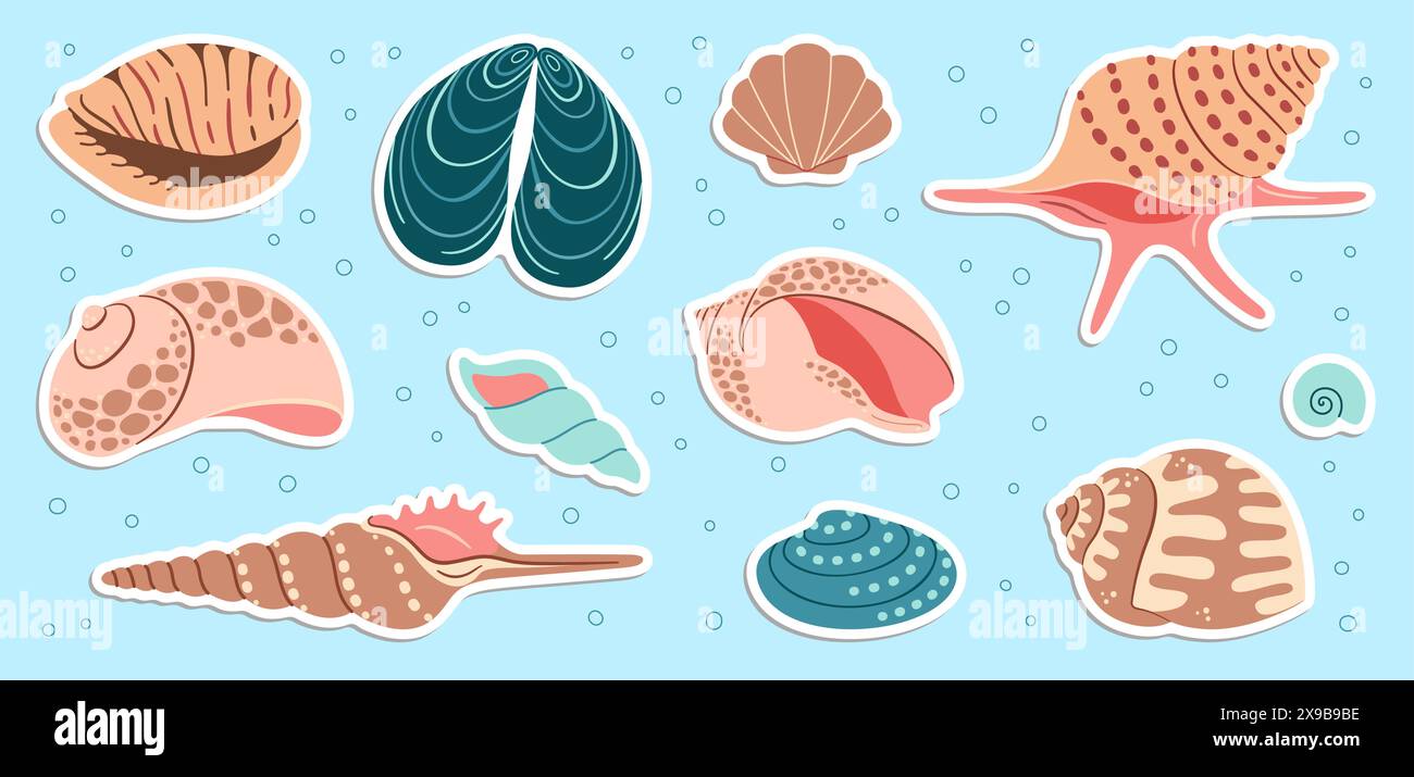 Cute sea shells sticker set. Trendy flat style seashell collection ...