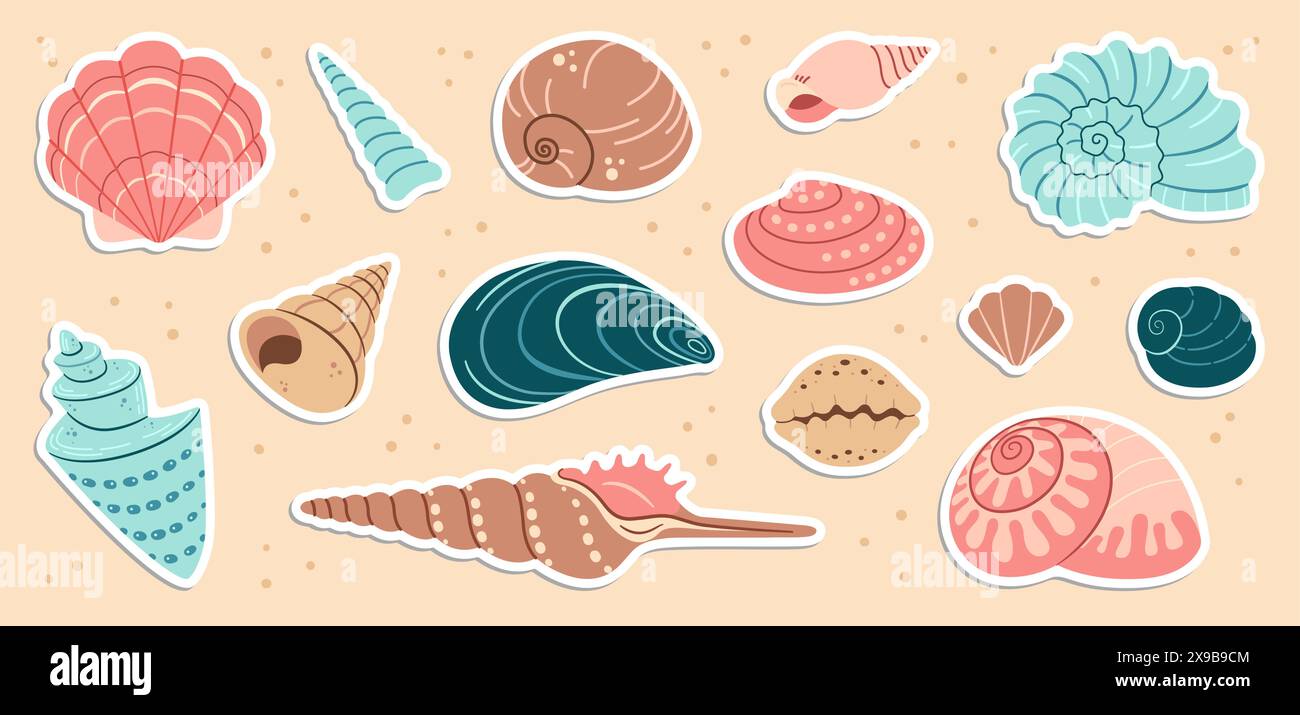 Cute sea shells sticker set. Trendy flat style seashell collection ...