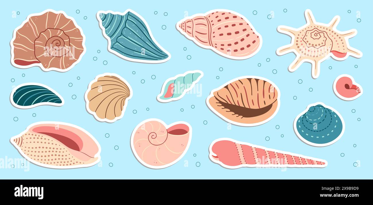 Cute sea shells sticker set. Trendy flat style seashell collection ...
