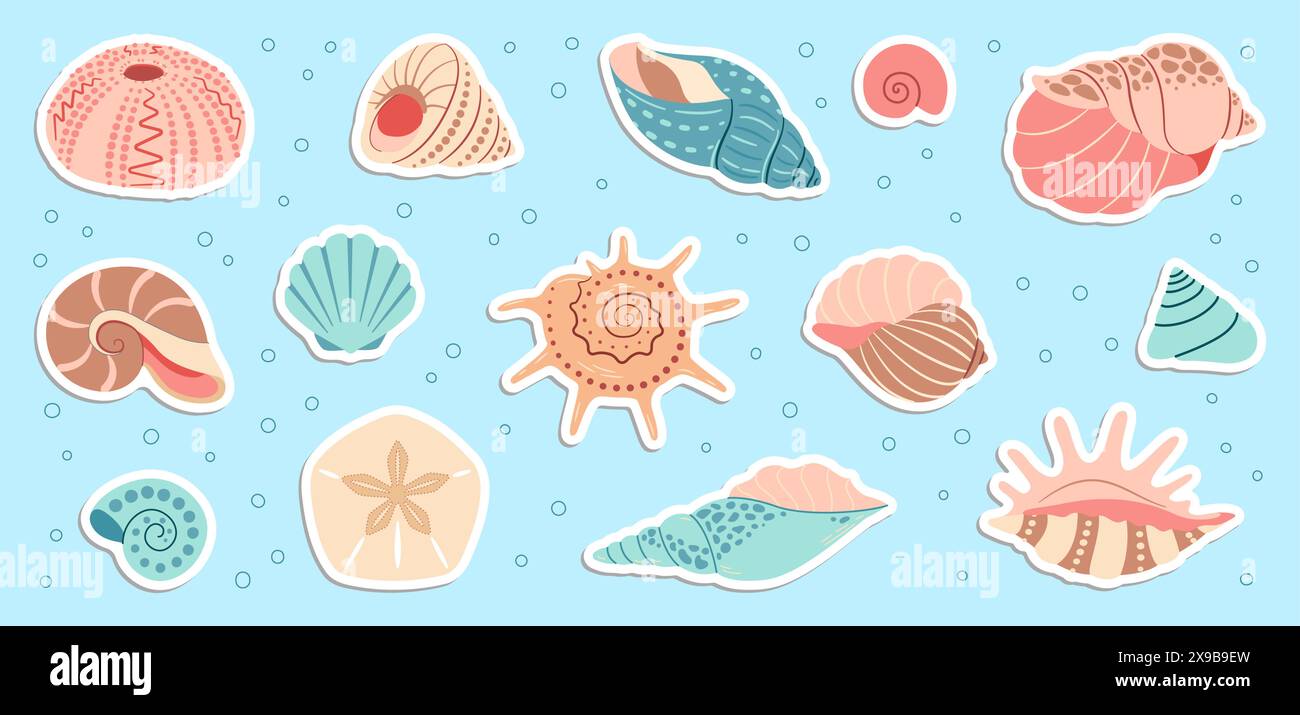 Cute sea shells sticker set. Trendy flat style seashell collection ...