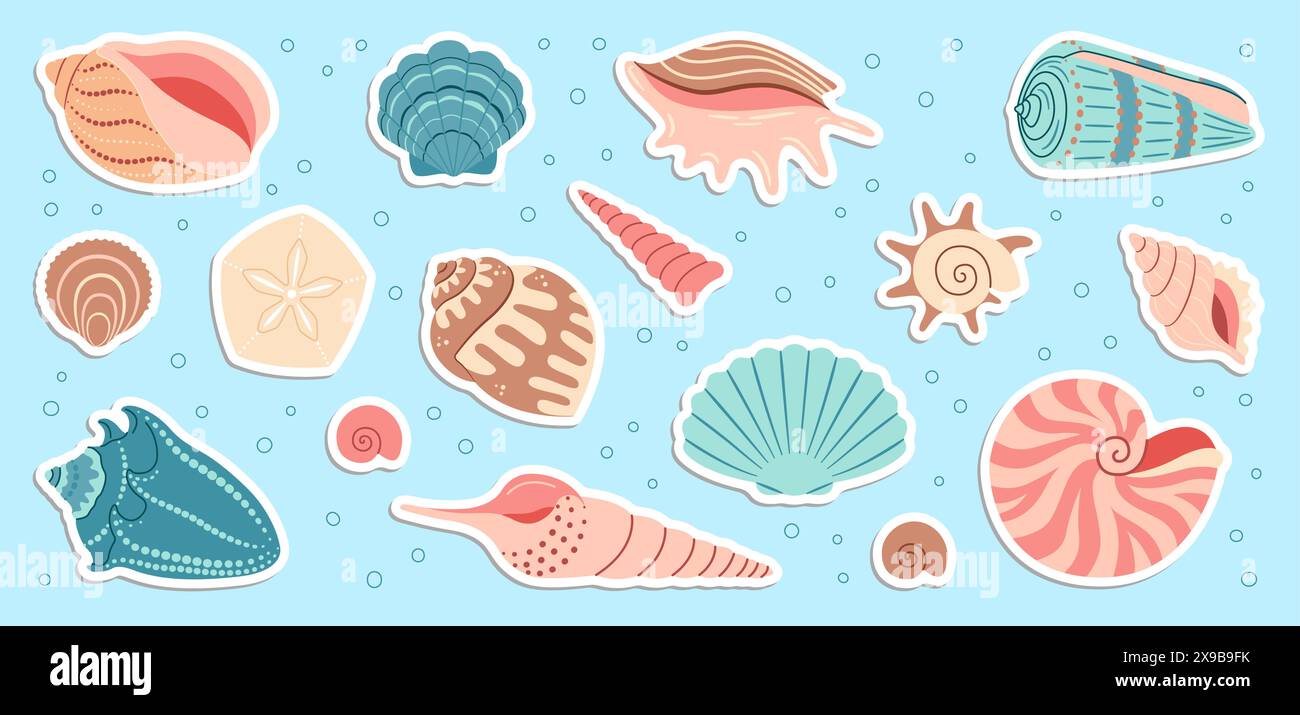 Cute sea shells sticker set. Trendy flat style seashell collection ...