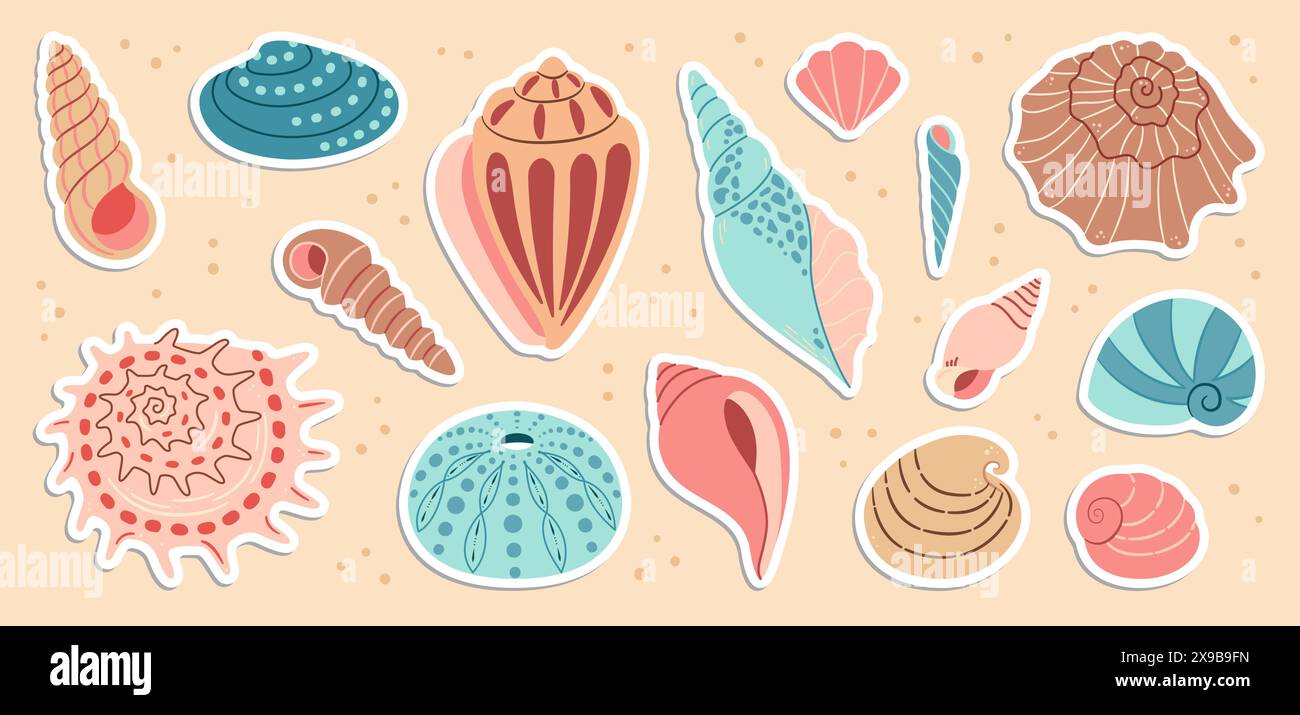 Cute sea shells sticker set. Trendy flat style seashell collection ...
