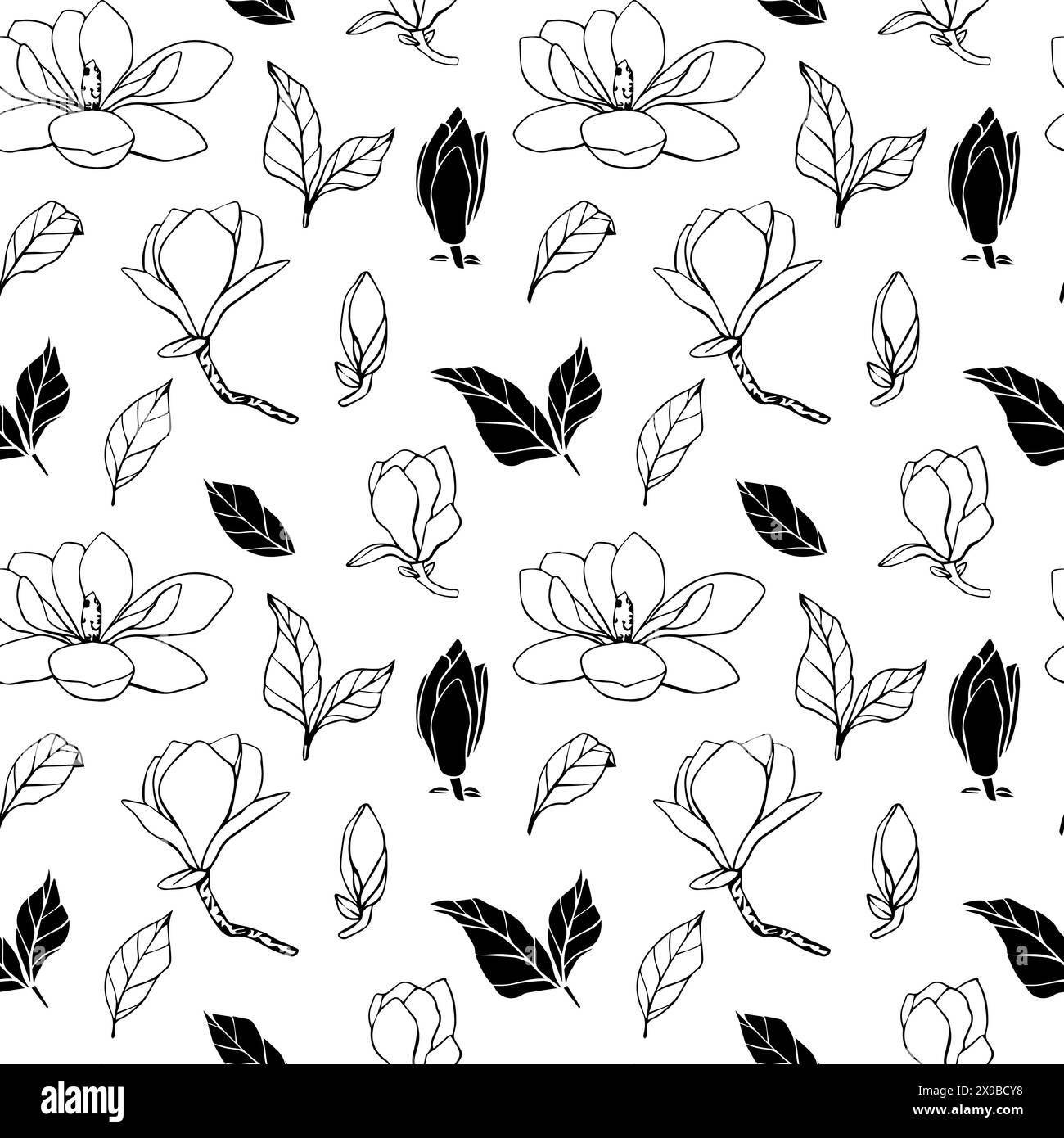 Seamless pattern with hand drawn vector magnolia flower, contour ...