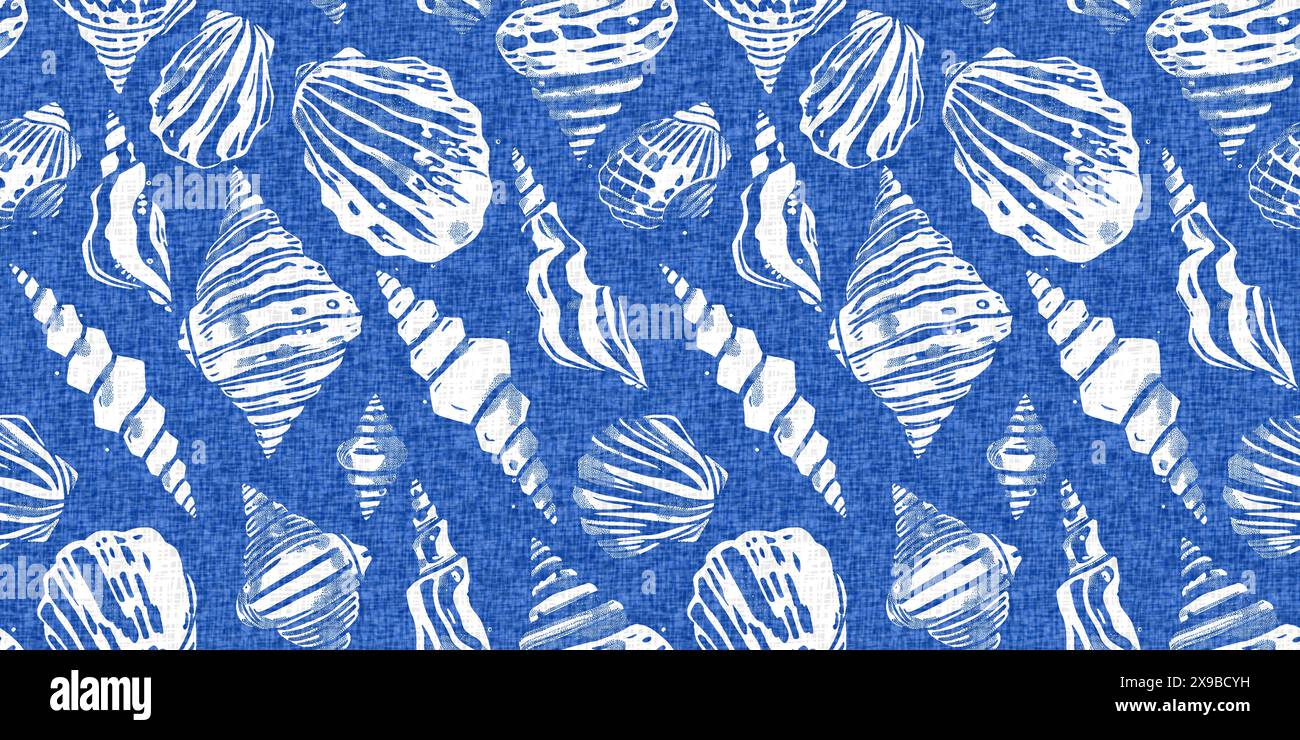 Azure blue white shell motif with linen seamless batik border ...