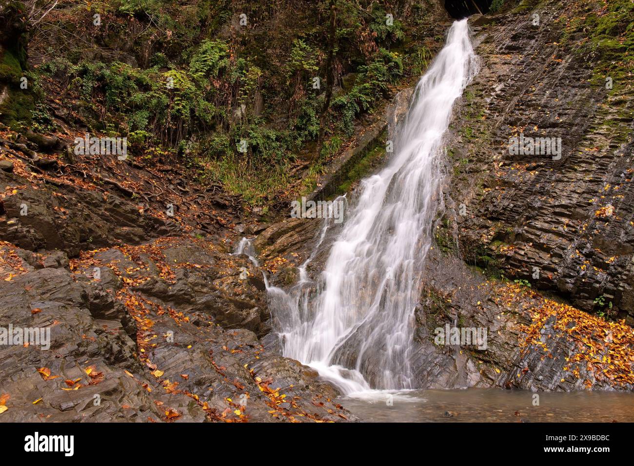 Beautiful mountain forest waterfall Seven beauties. Ismayilli region ...