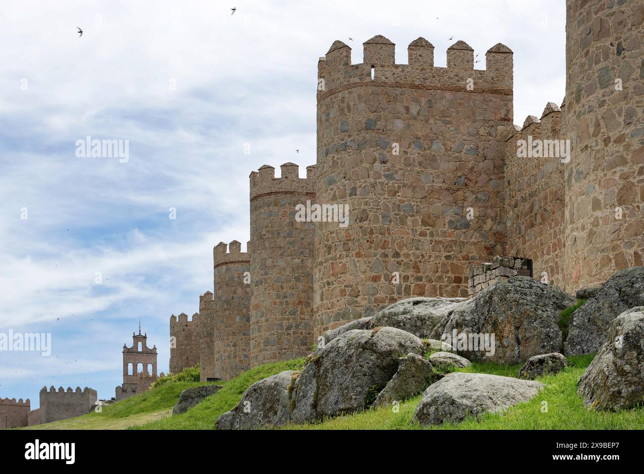 Exterior views of the medieval fortification walls of Avila, Spain ...
