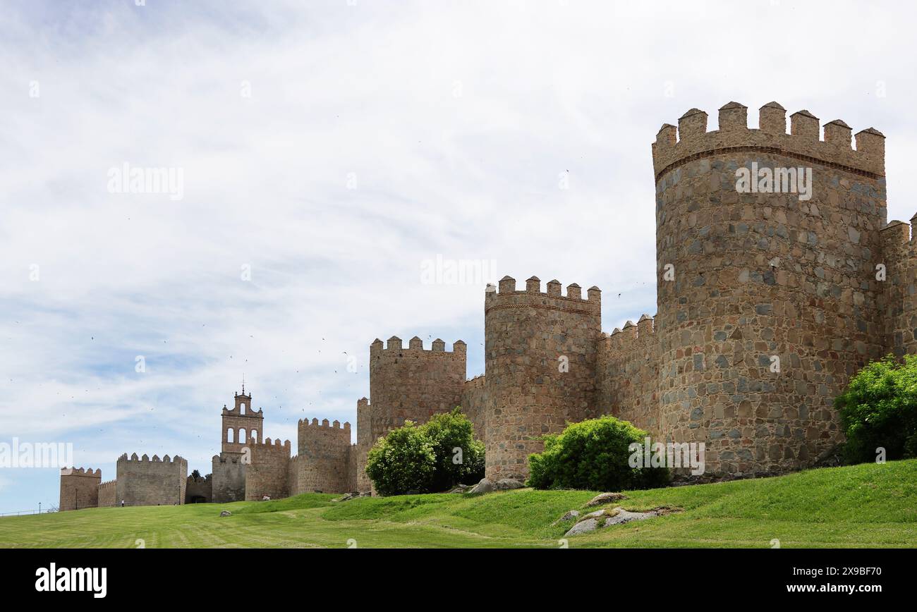 Exterior views of the medieval fortification walls of Avila, Spain ...