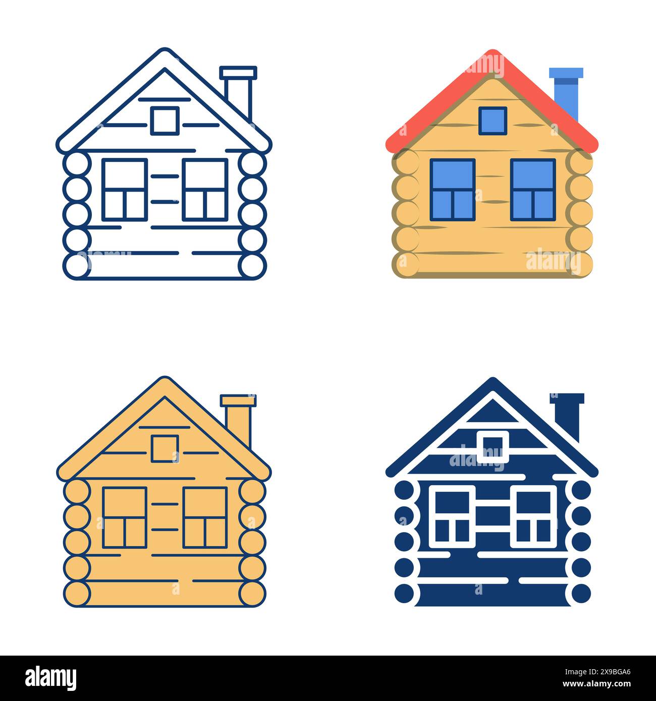 Wooden country house icon set in flat and line style. Russian ...