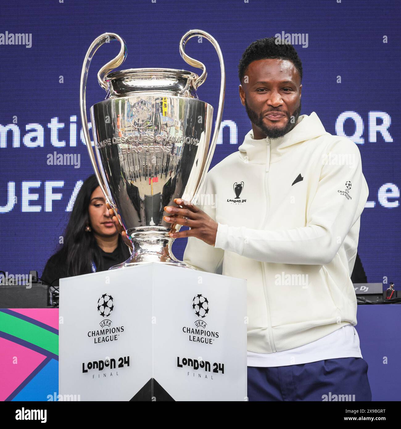 London, UK. 30th May 2024. The trophy arrives carried by John (Jon) Obi Mikel, former UEFE ...