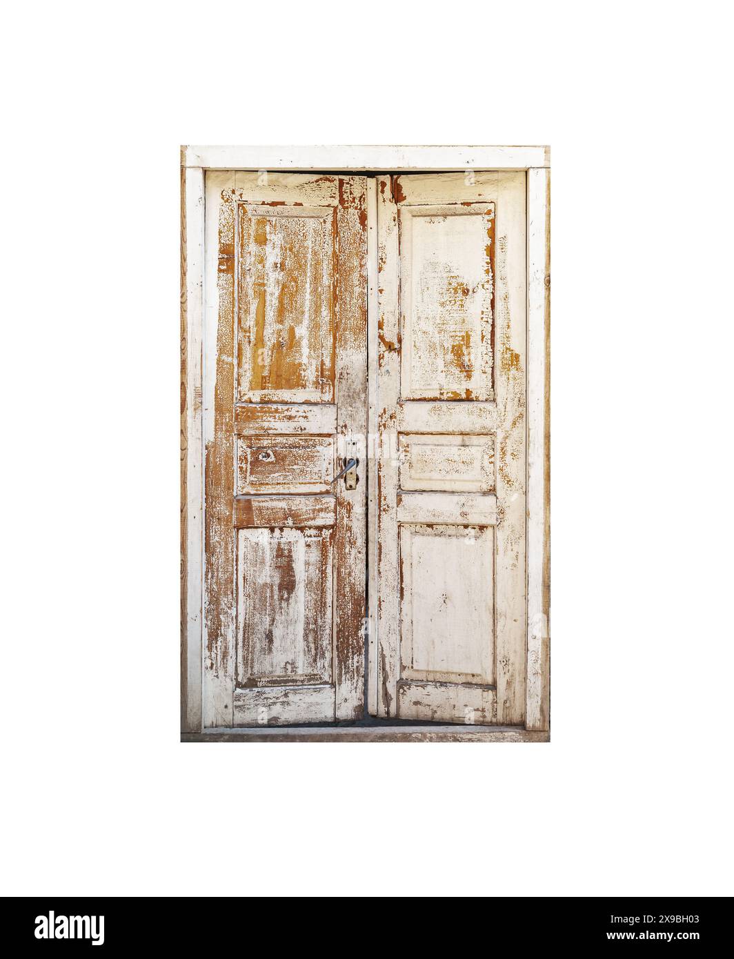 Vintage weathered wooden door with peeling paint isolated on white, front view, background photo ...