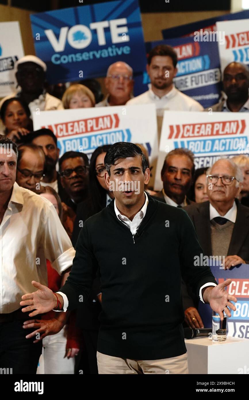 Prime Minister Rishi Sunak delivers a stump speech to party members at ...