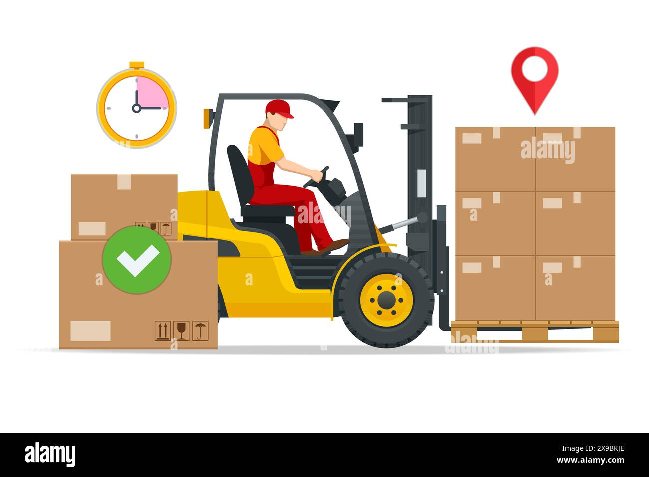 Forklift truck with boxes on pallet. Cargo, warehouse. Forklift truck with man driving Stock ...