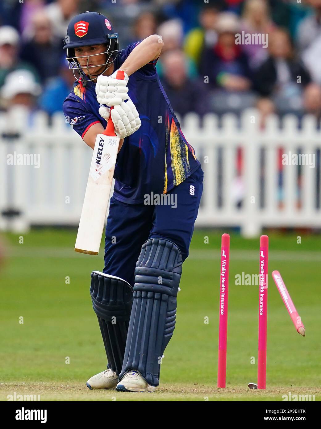 Bristol, UK, 30 May 2024. Essex’s Michael Pepper is bowled by Gloucestershire's David Payne ...