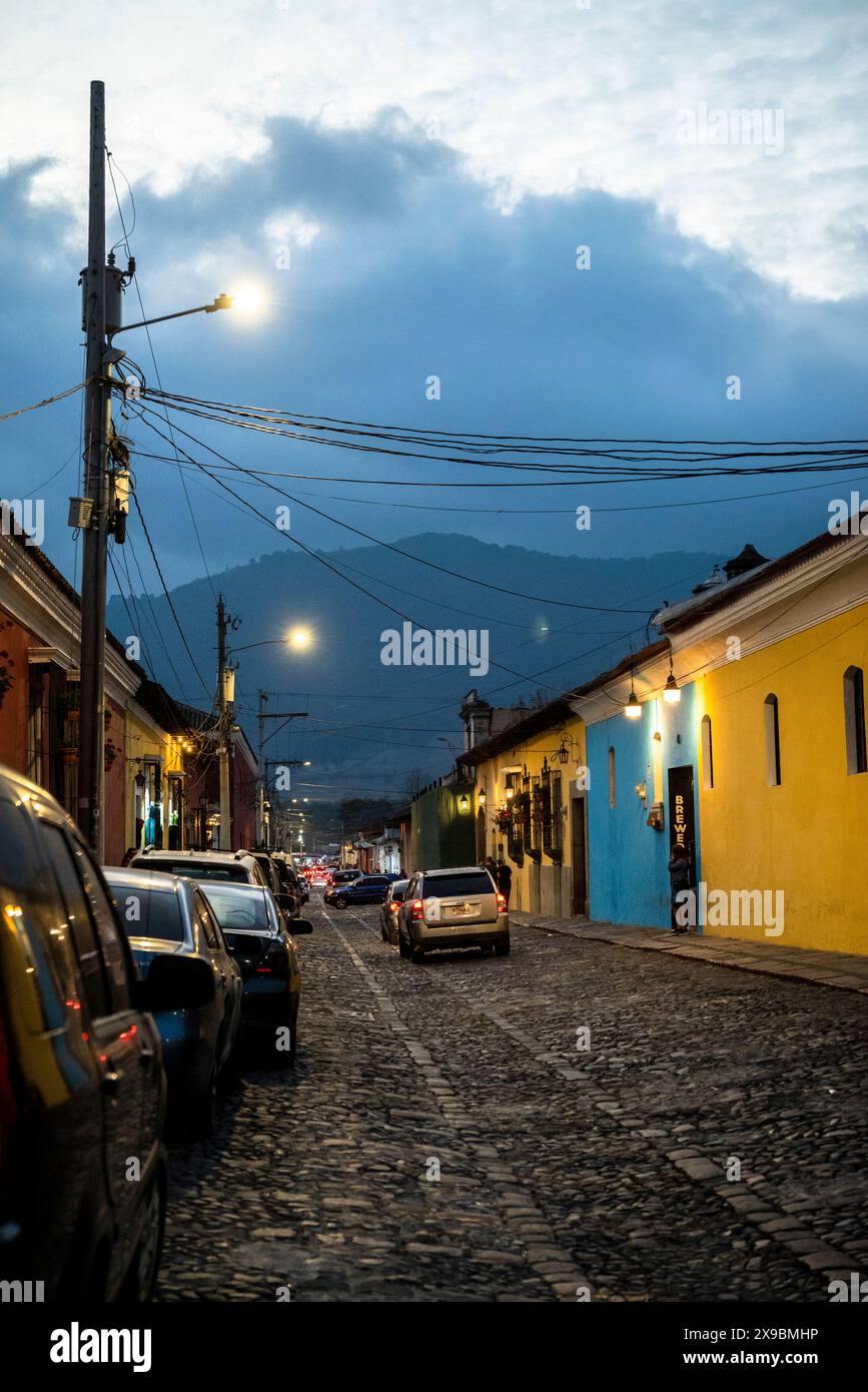Cobblestone street at night in the colonial style city centre, Antigua ...