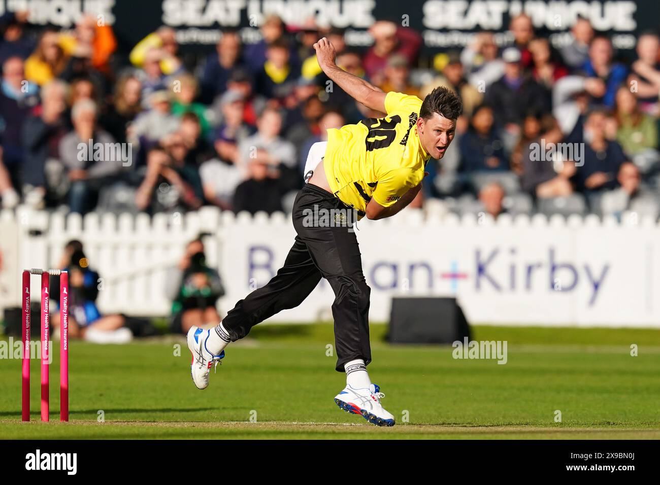 Bristol, UK, 30 May 2024. Gloucestershire's Beau Webster bowling during ...