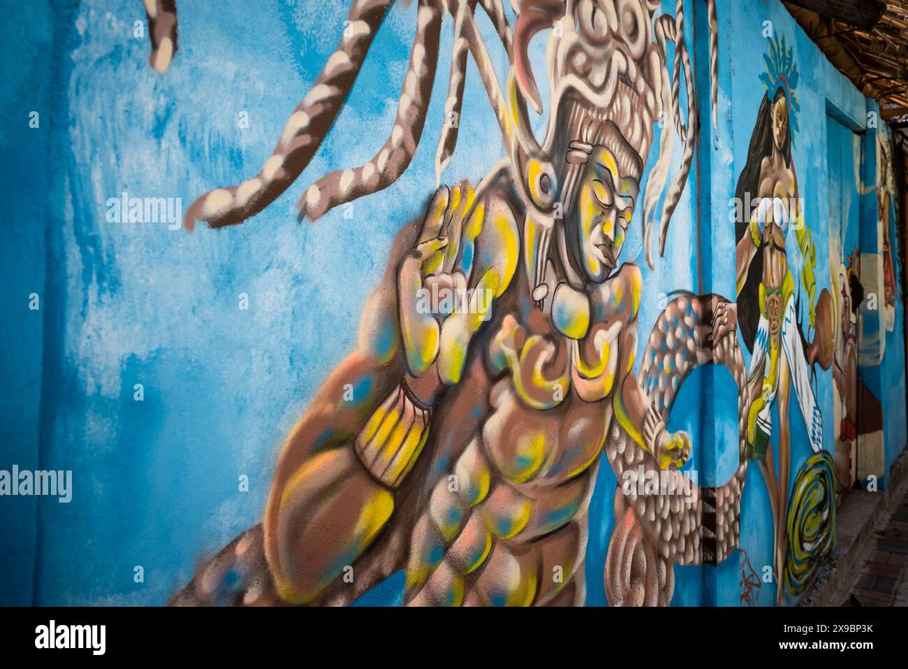 Mural depicting scenes from Mayan mythology, Street known as Hippie ...