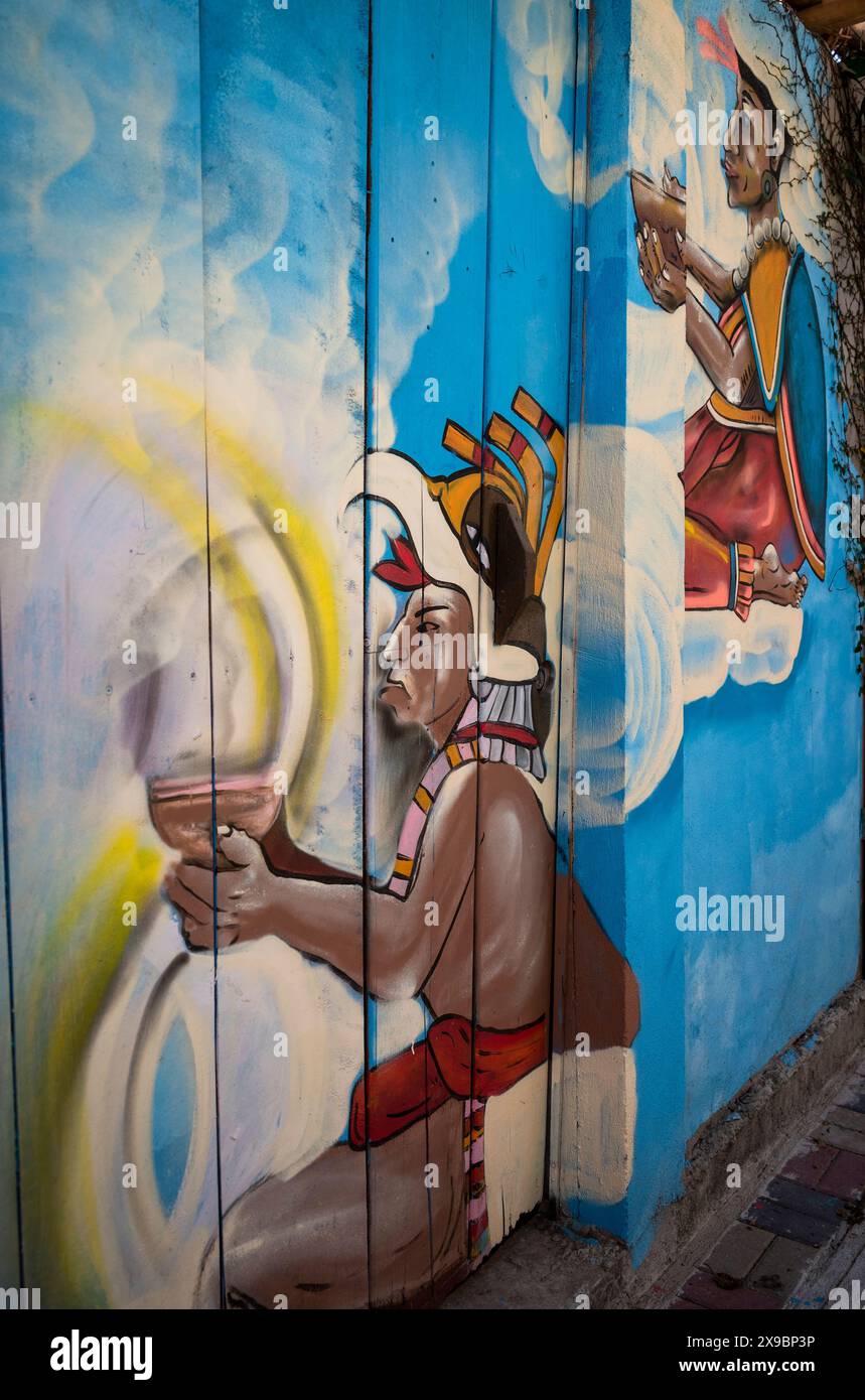 Mural depicting scenes from Mayan mythology, Street known as Hippie ...