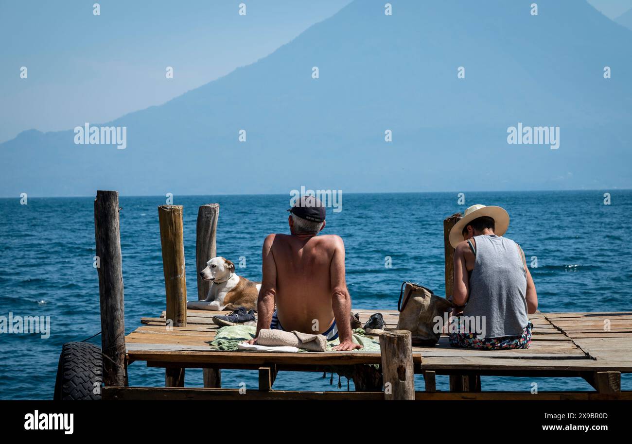 People on a jetty, San Marcos La Laguna, Lake Atitlan, Guatemala Stock ...