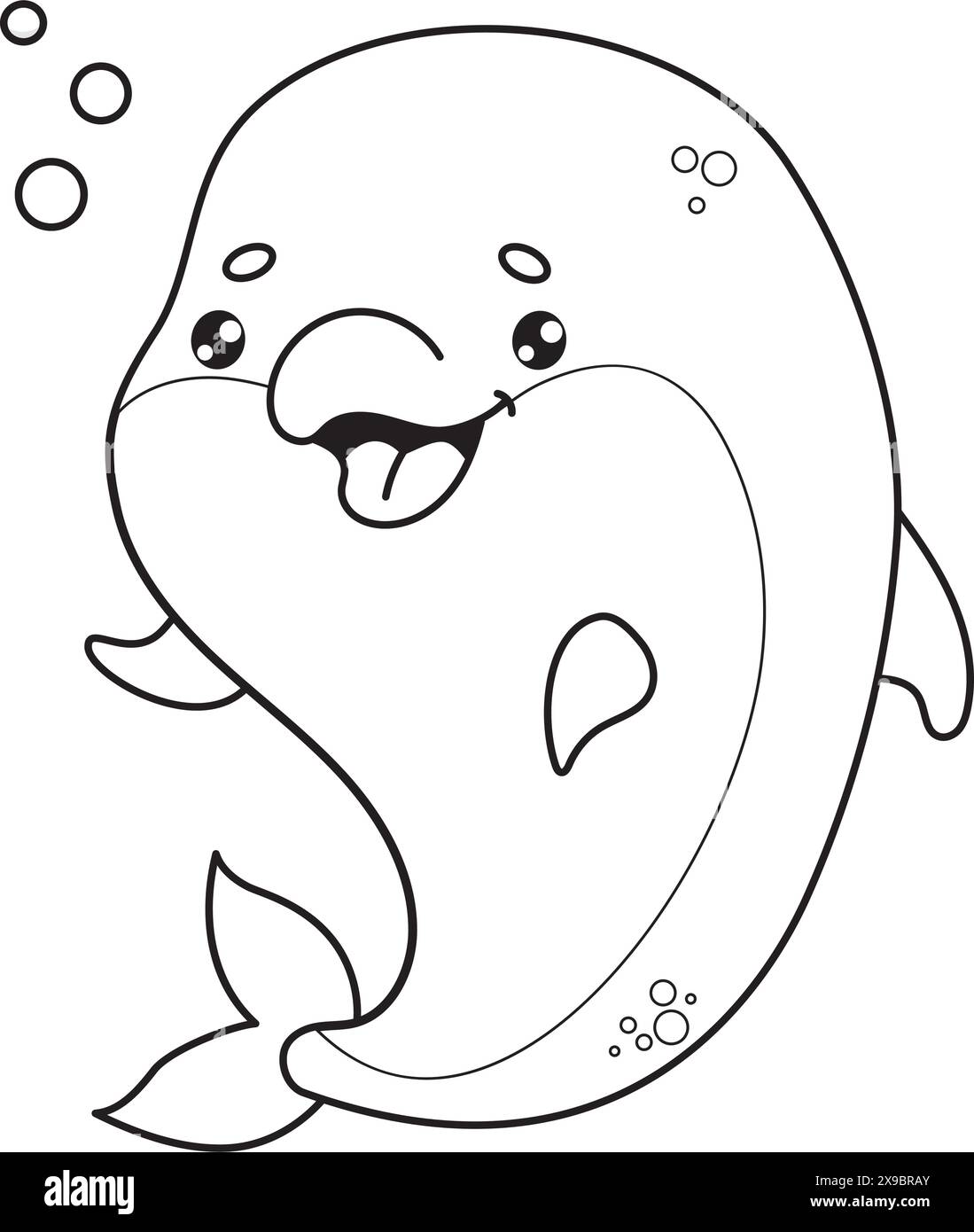 Outline cute dolphin. Happy cartoon kawaii animal. Line drawing ...