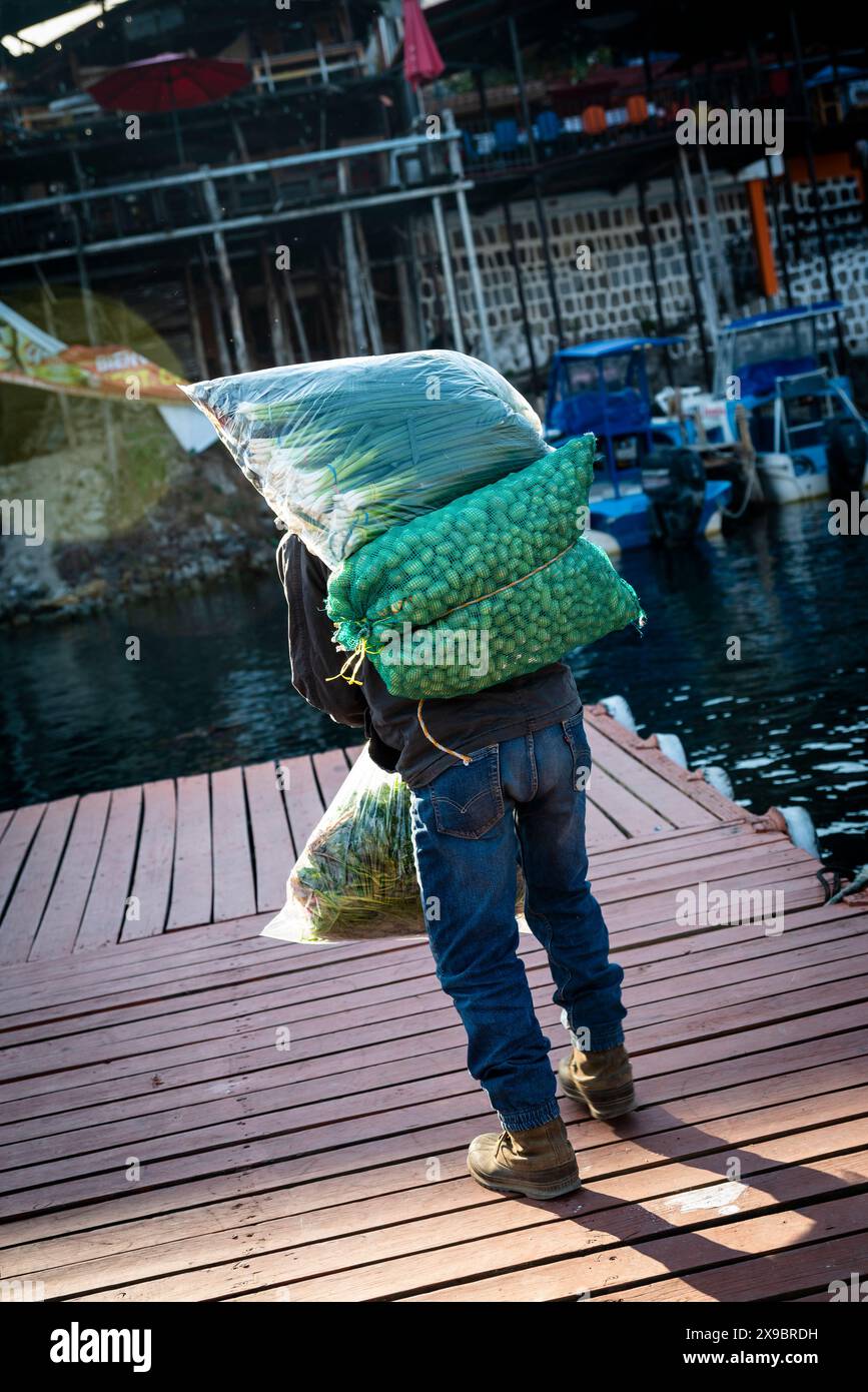 Man carrying heavy load of sacks with potatoes and vegetables, San ...