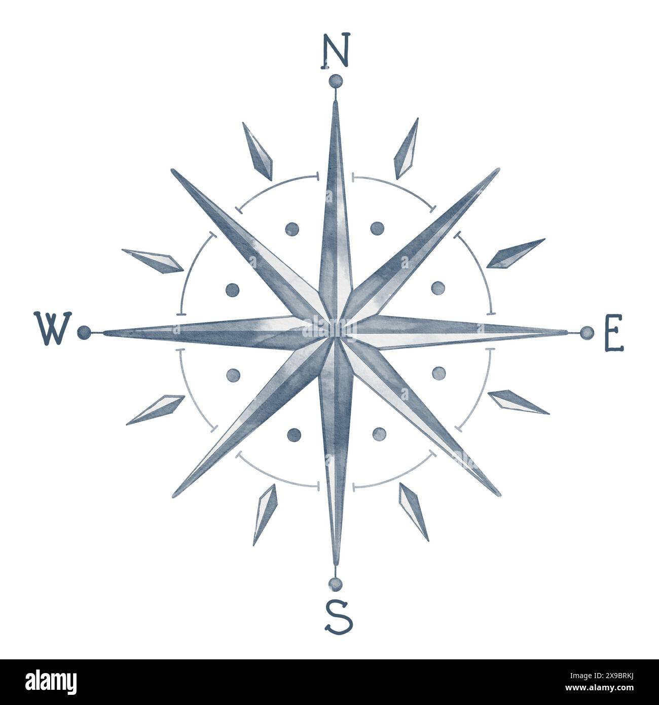 Watercolor illustration of Compass Rose in pastel blue colors. Drawing ...