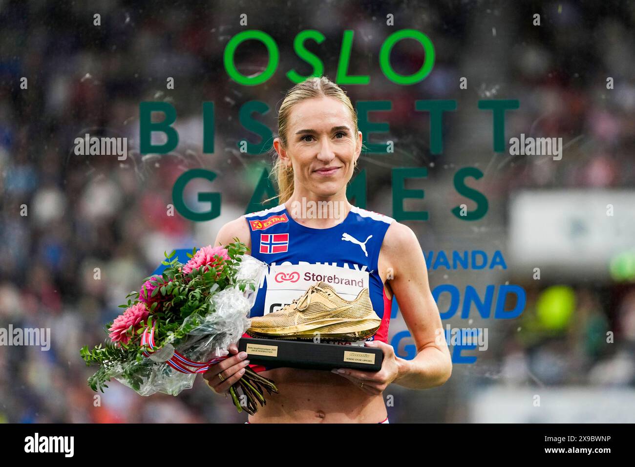 Oslo 20240530. Karoline Bjerkeli Grovdal receives flowers after ...