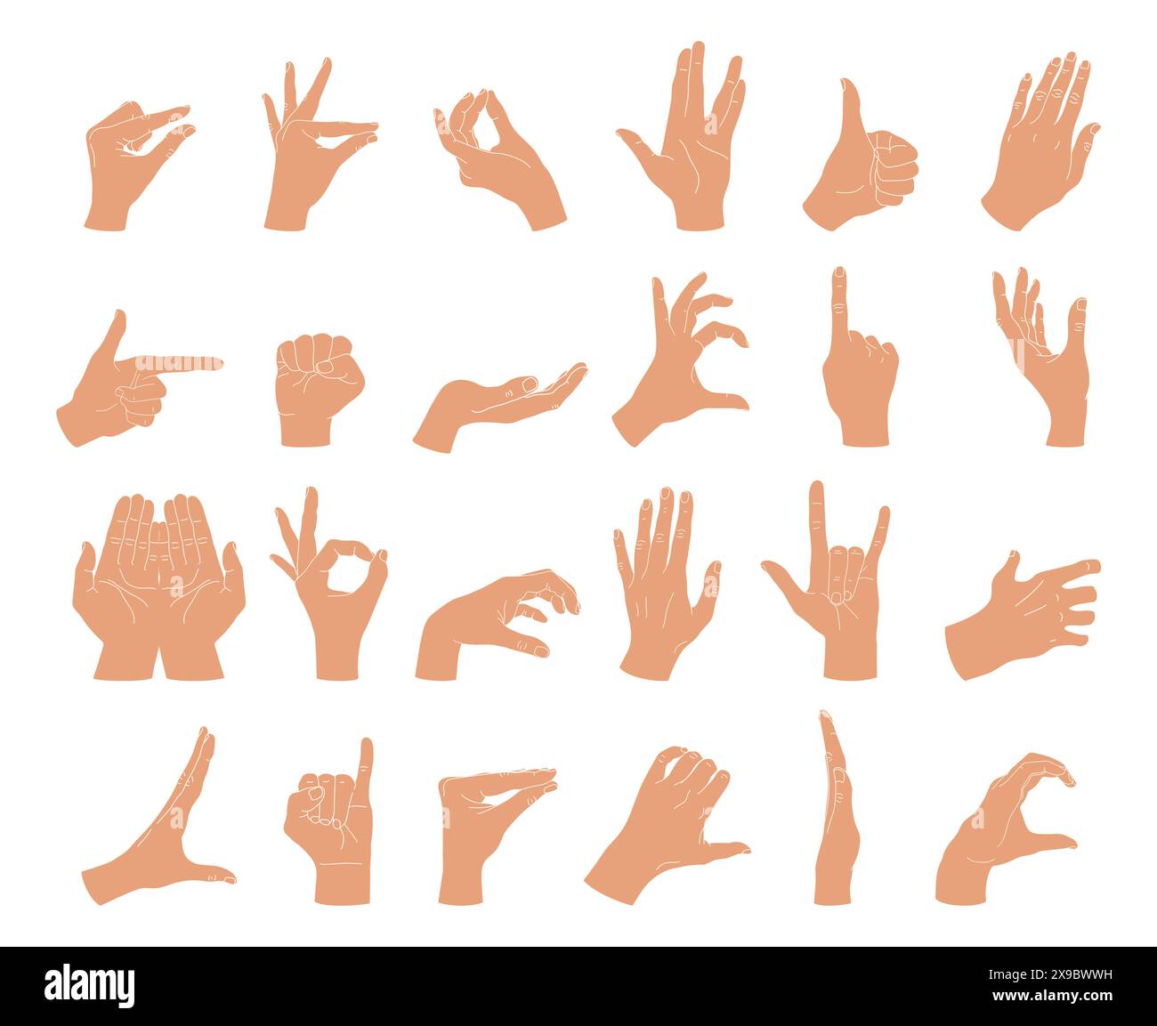 Collection of different hand gestures. Gesturing like okay sign, thumb up, pointing finger ...