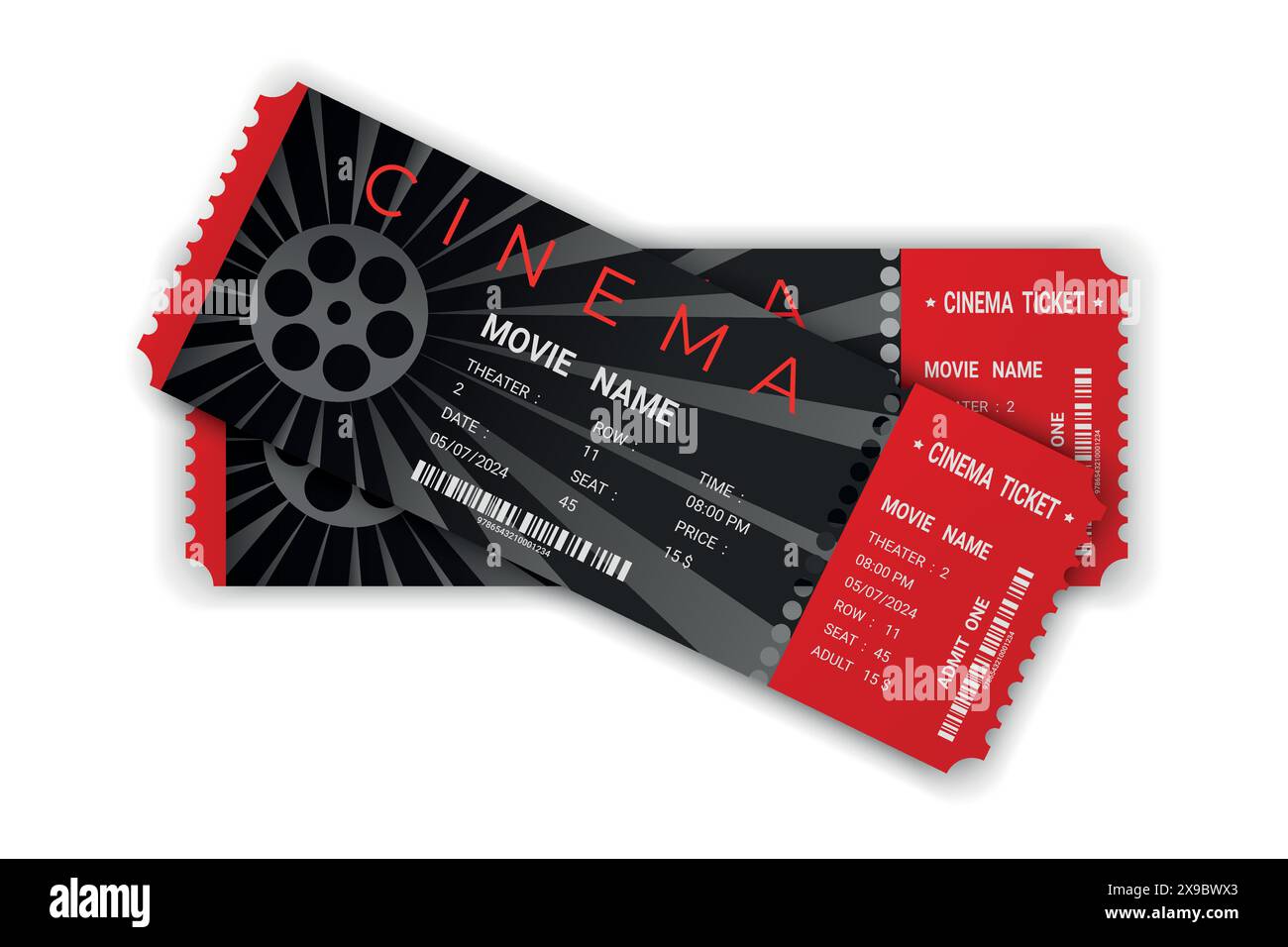 Two cinema tickets templates with barcode in realistic style. Cinema ...