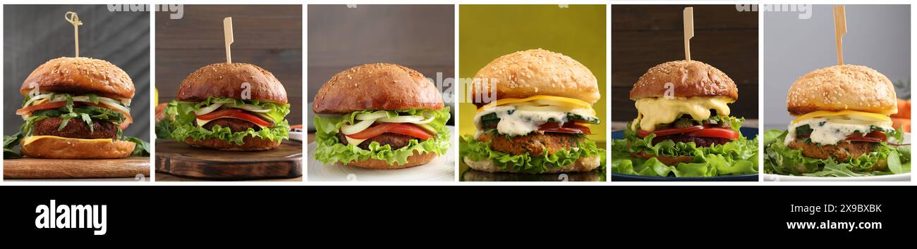 Delicious vegetarian burgers, collage with different photos Stock Photo ...
