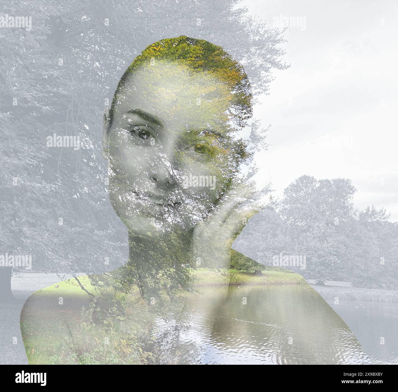 Beautiful woman and picturesque landscape, double exposure Stock Photo ...