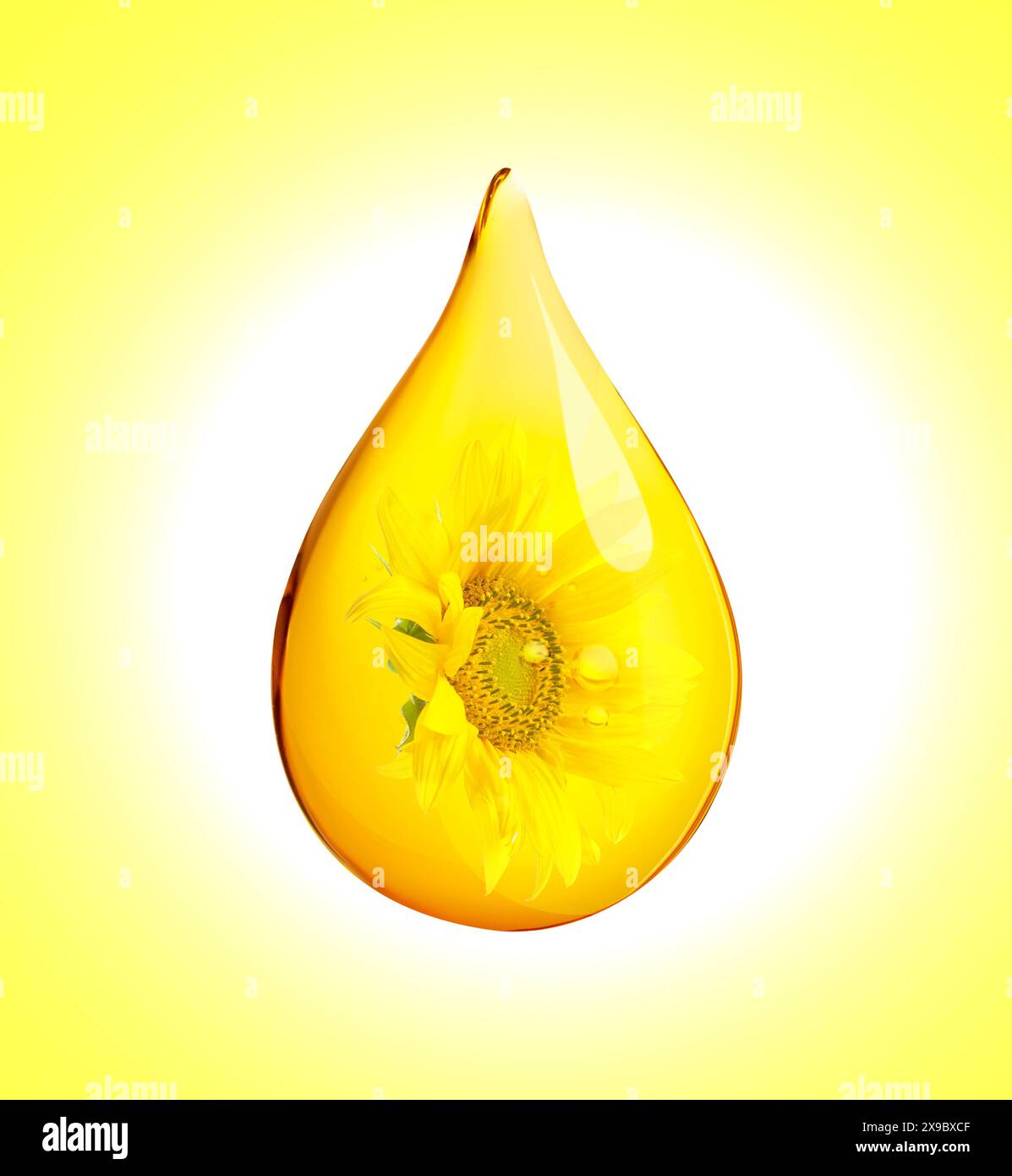 Cooking oil drop with sunflower inside on yellow background Stock Photo ...