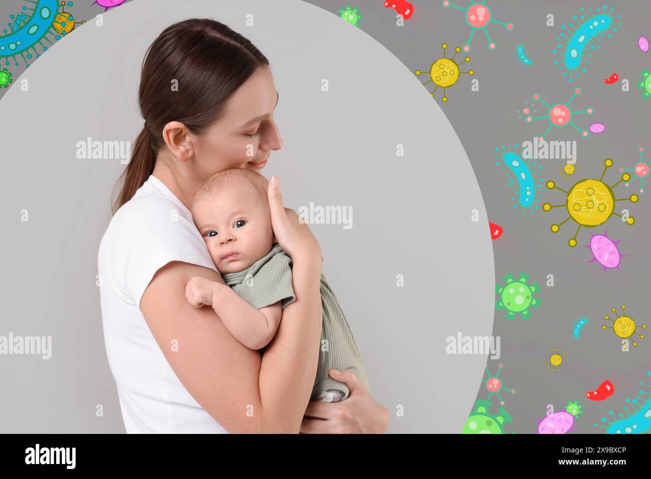 Happy mother with her child surrounded by drawn viruses on grey ...