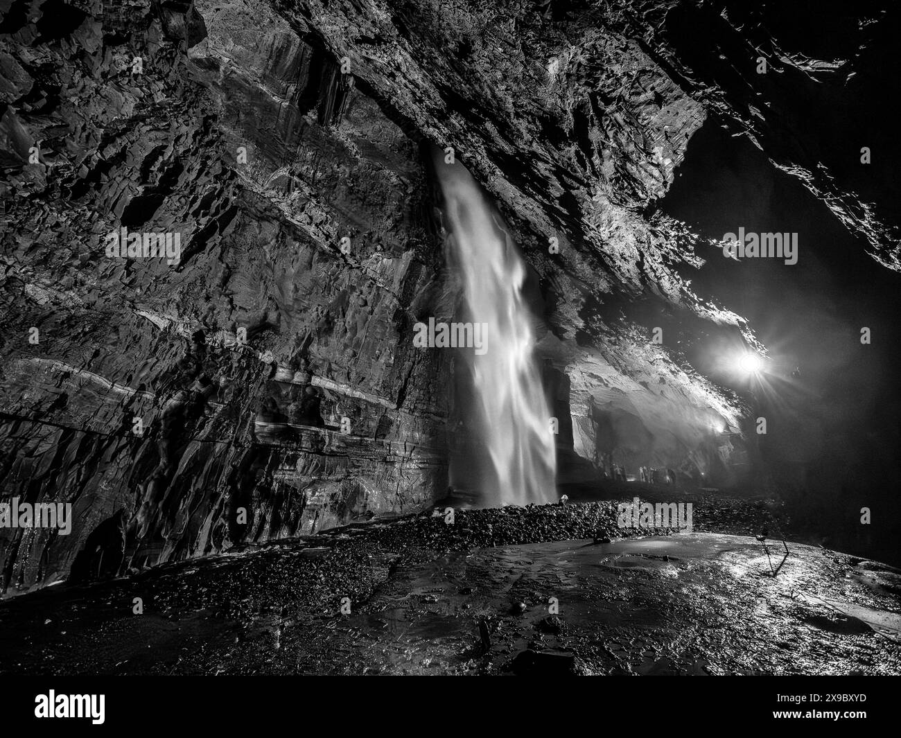 The black and white image is of Gaping Gill main chamber in the ...