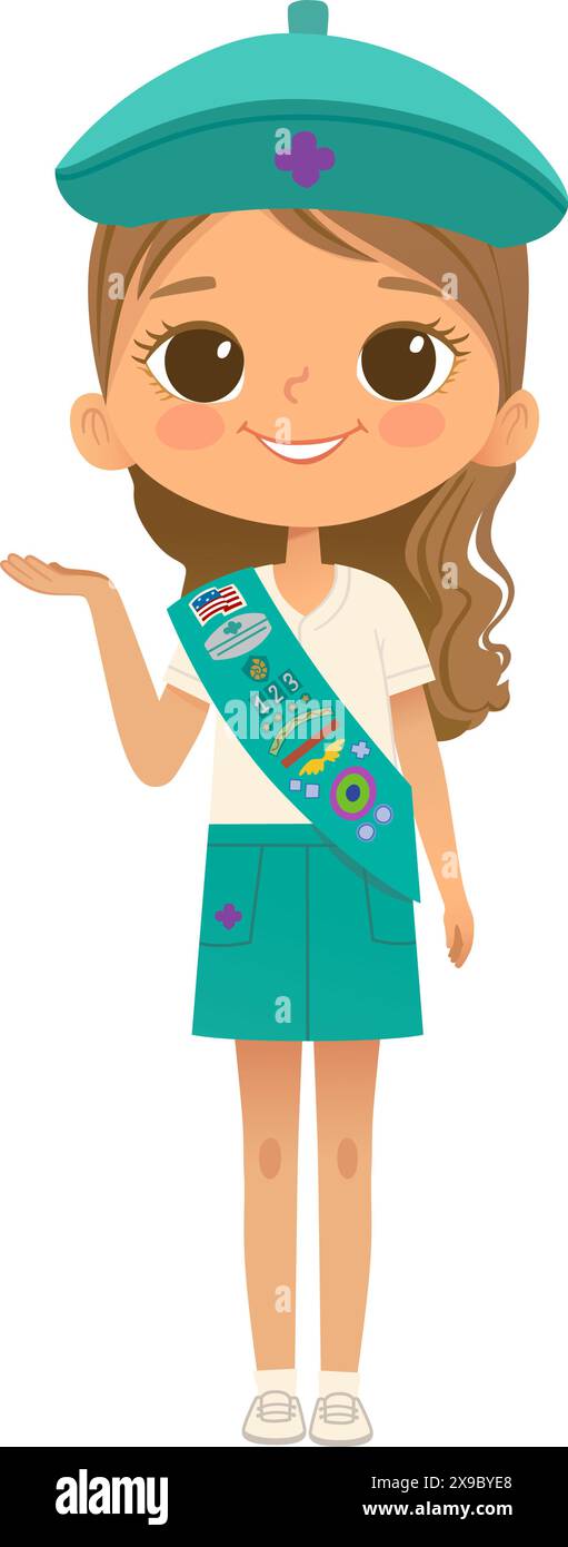 Young smiling girl scout wearing sash with badges isolated on white ...